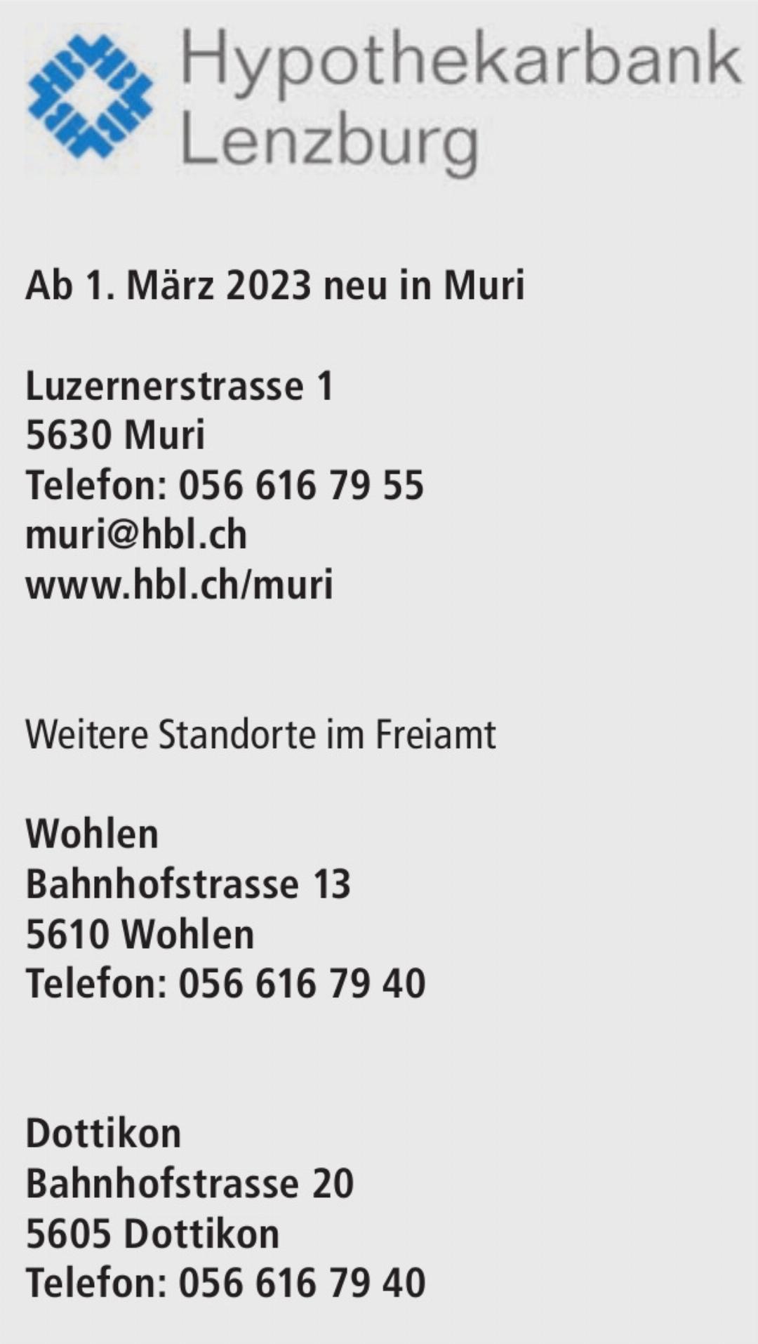 Hypi Lenzburg eröffnet einen neuen Standort in Muri